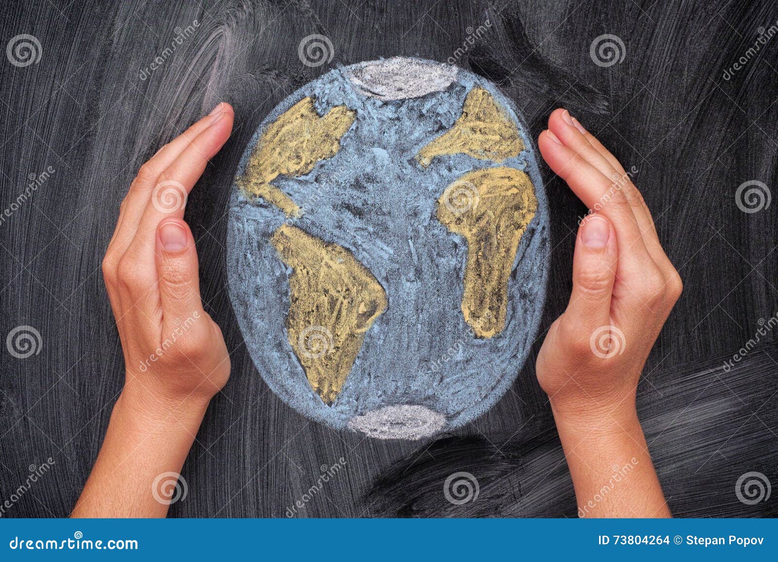Hands Protecting Planet Earth On Black Chalkboard Background Stock ...