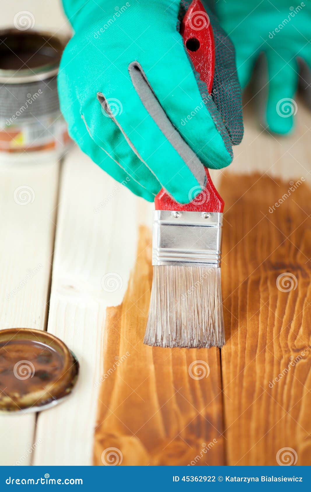 Hands in Protective Gloves Painting Wood Board Stock Photo - Image of ...