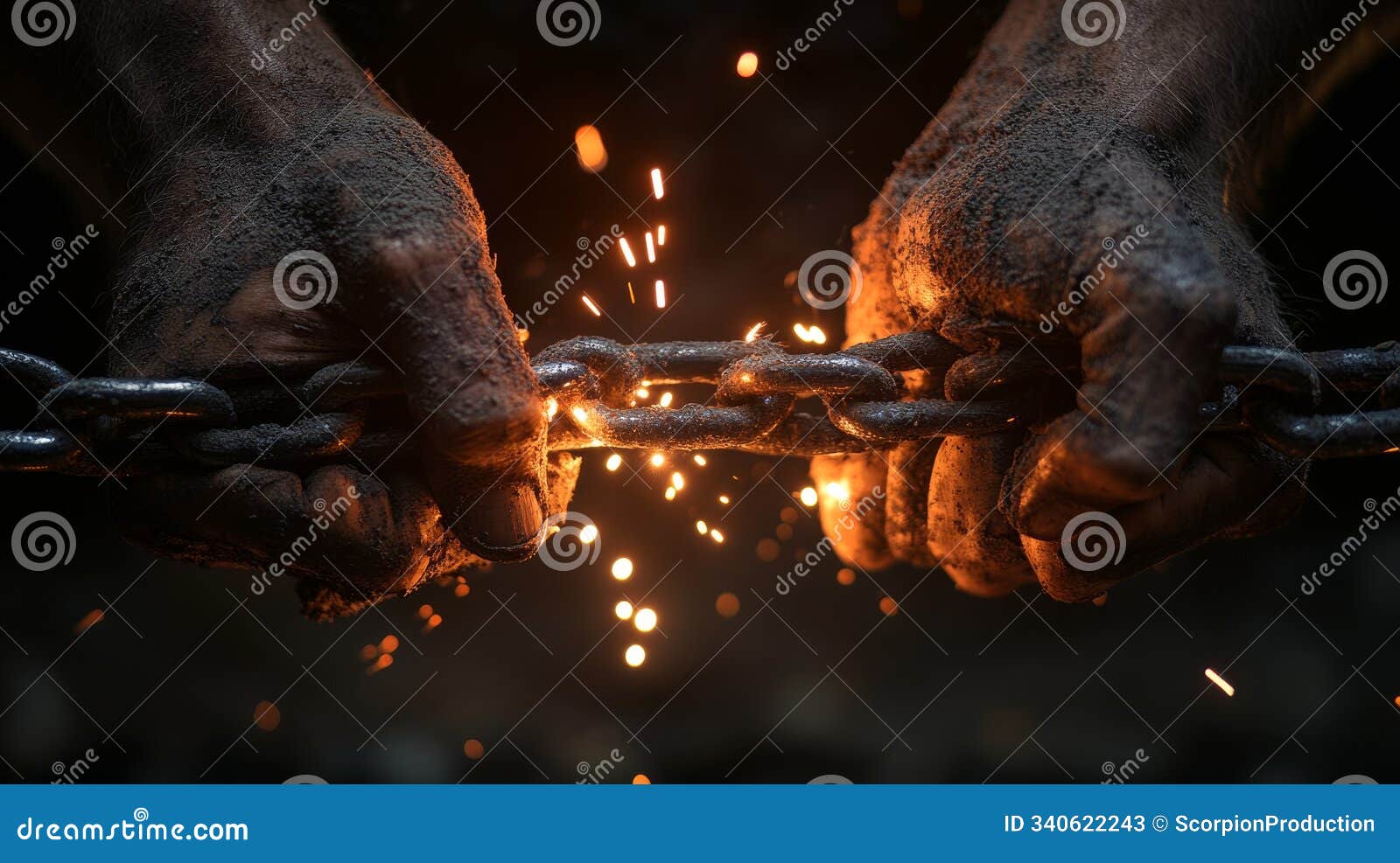 Hands Pulling Metal Chain with Intense Sparks Flying Stock Image ...