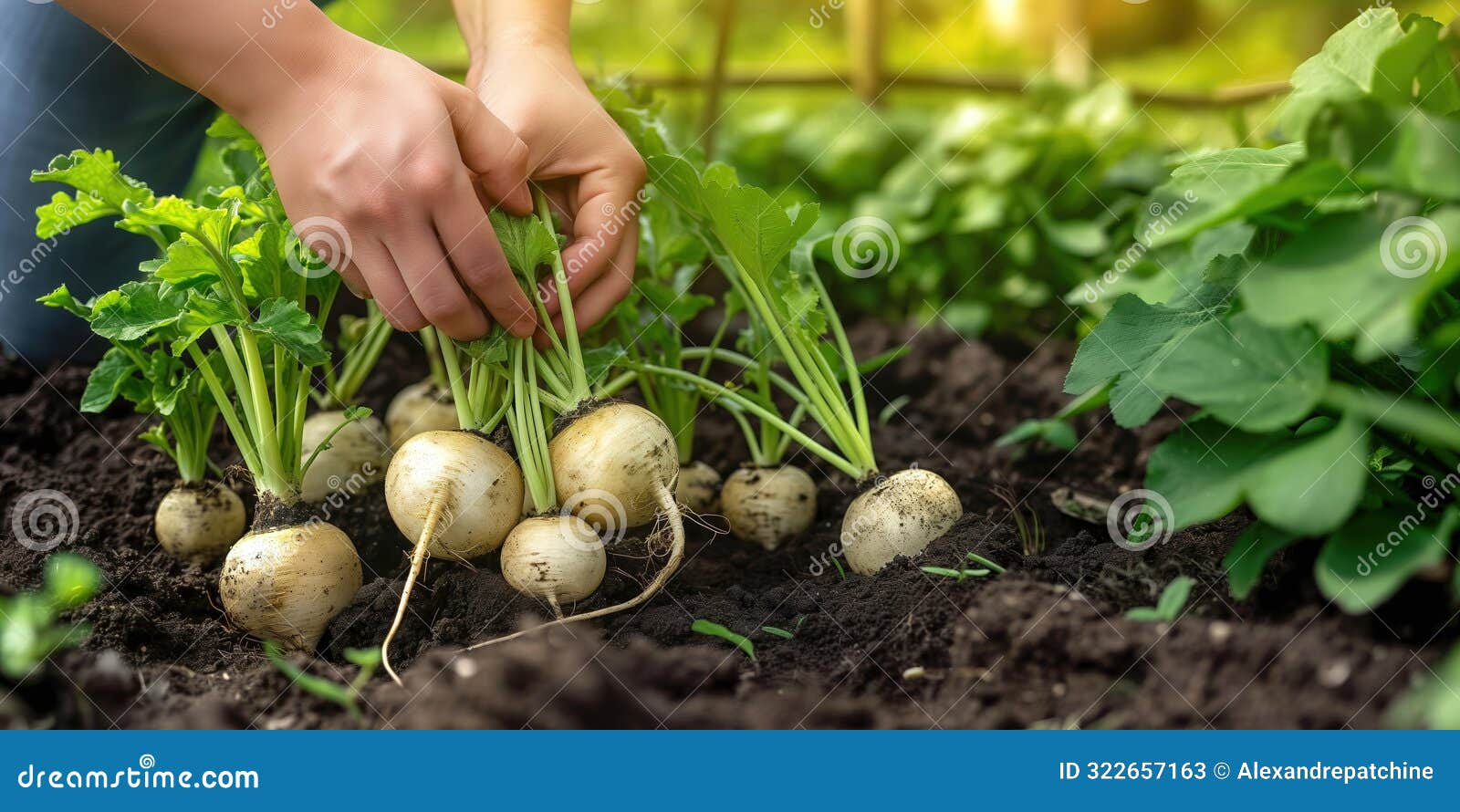 Hands Pulling Up a Bunch of Turnips from the Garden Soil Stock ...
