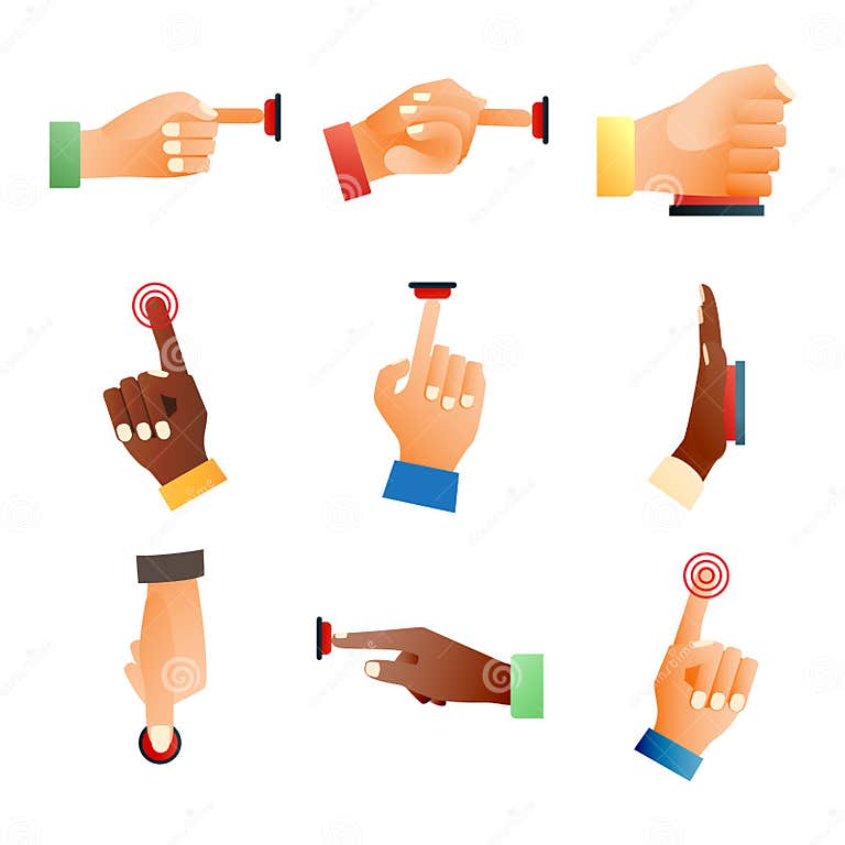 Hands Push Buttons Vector Set. Stock Vector - Illustration of control ...