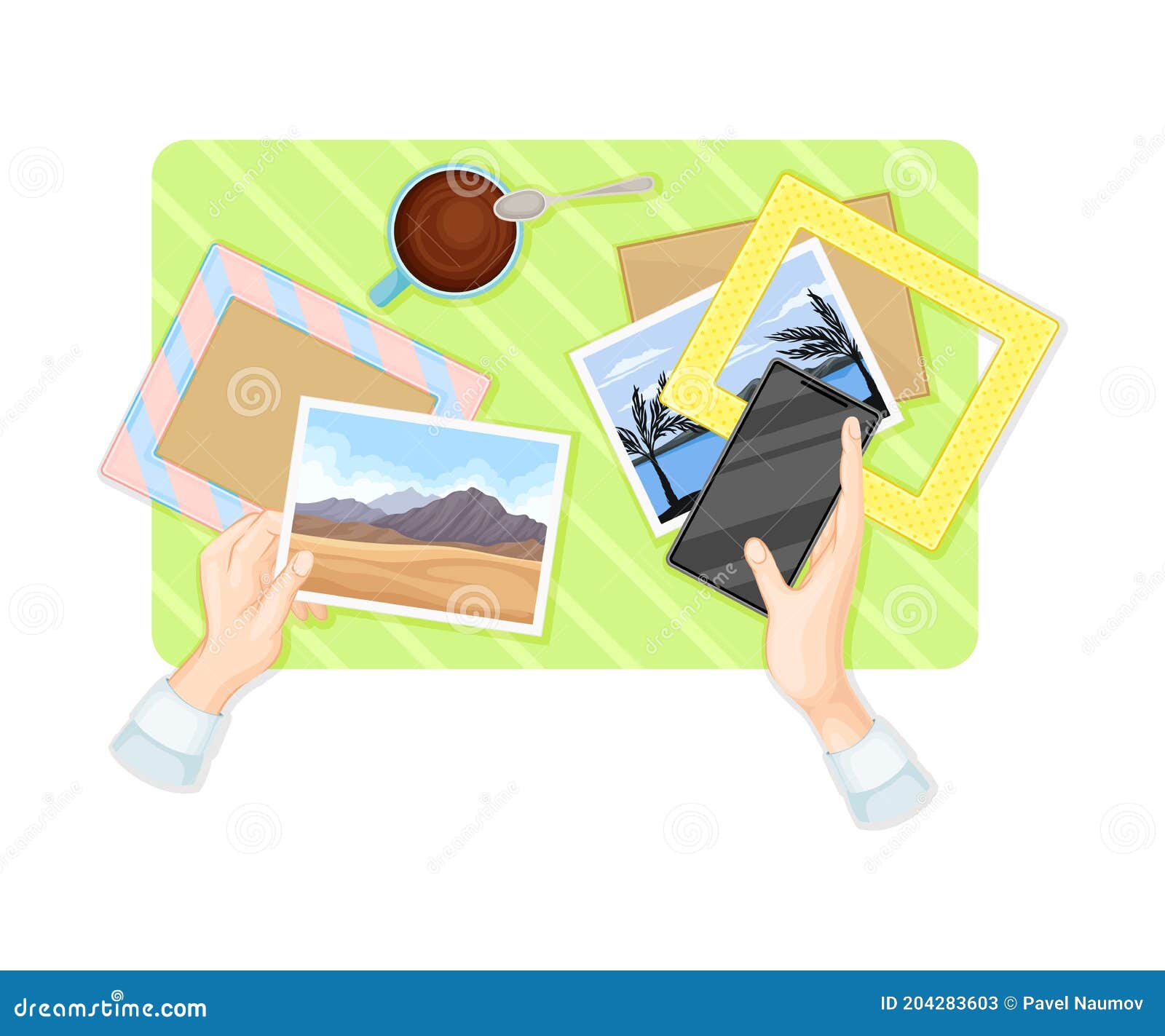 Hands Putting Postal Card in Frames at Table Above View Vector ...