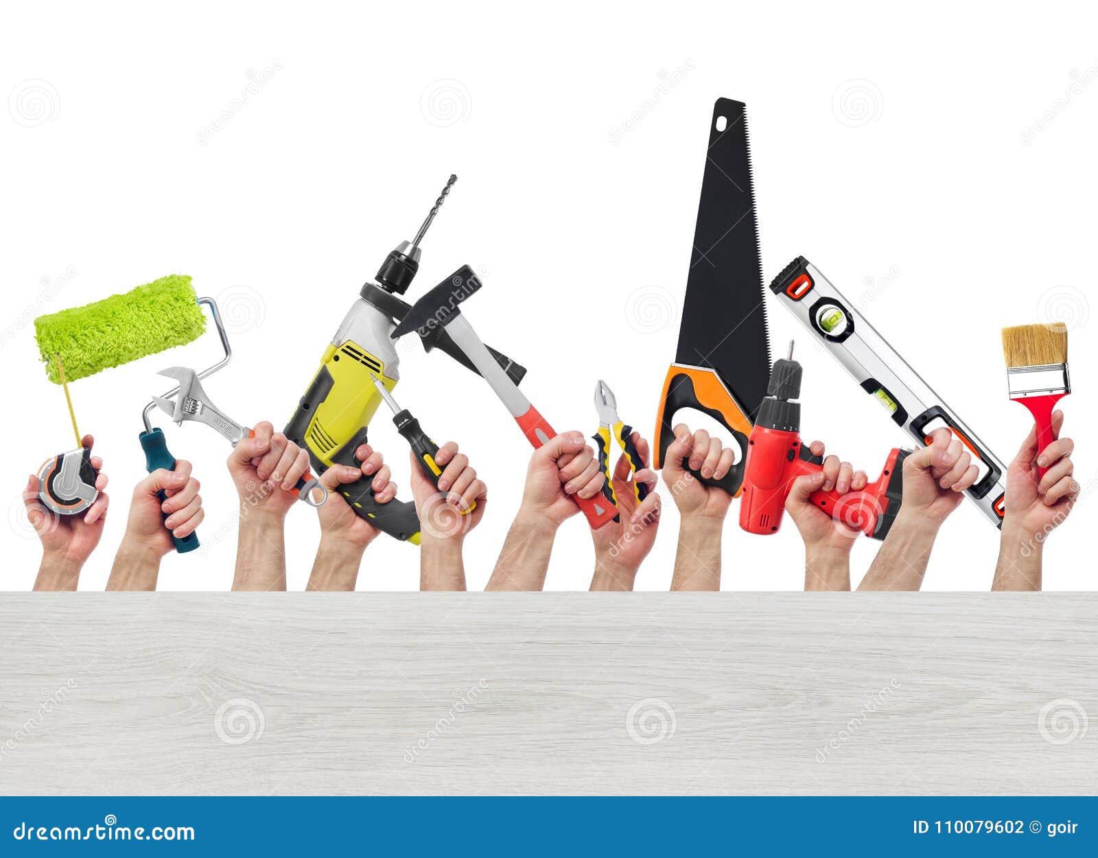 Hands with Tools and Wood Board Stock Photo - Image of hand, drill ...