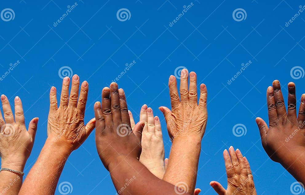 Hands raised together stock photo. Image of cheerful, caucasian - 1954842