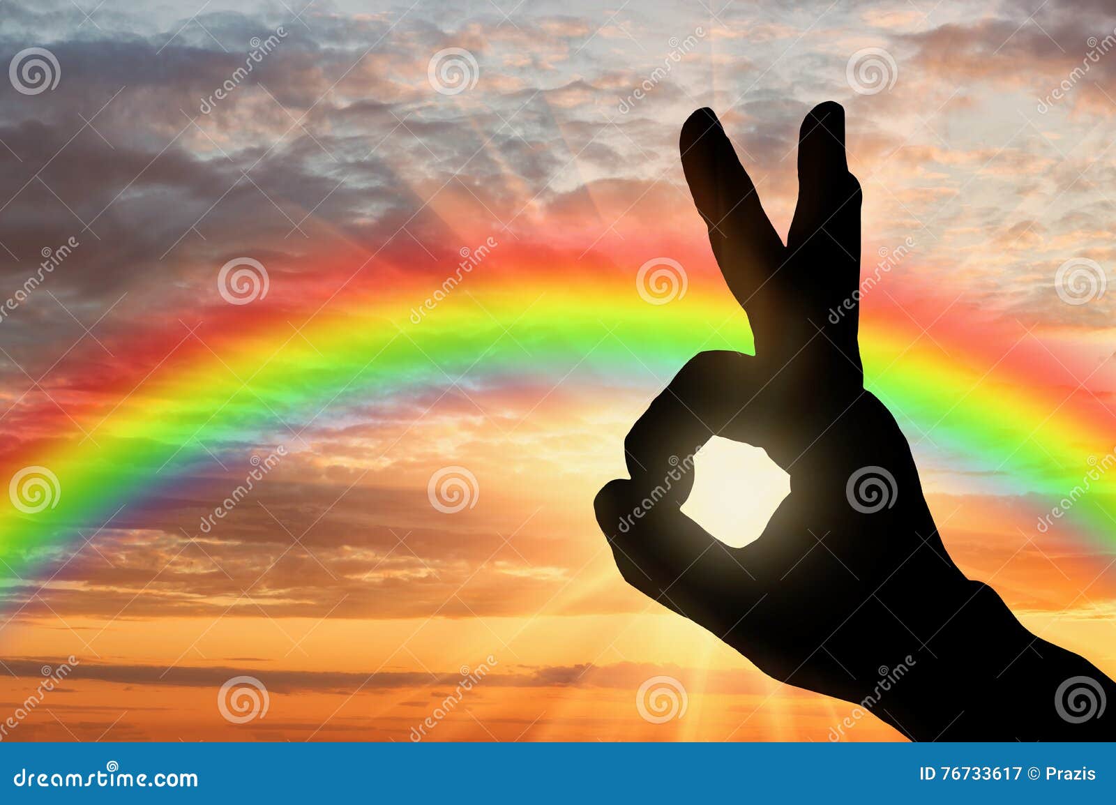 Hands Reach for Sky at Sunset and Rainbow Stock Image - Image of saint ...
