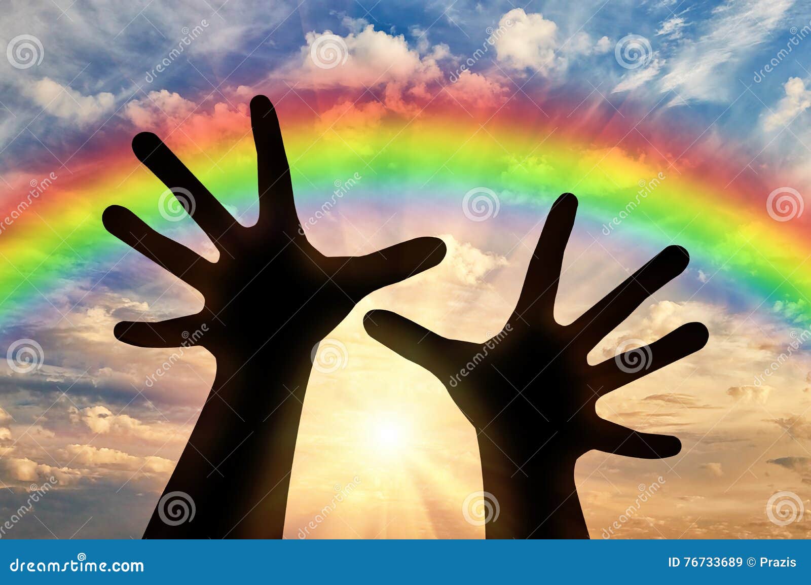 Hands Reach for Sky at Sunset and Rainbow Stock Image - Image of love ...