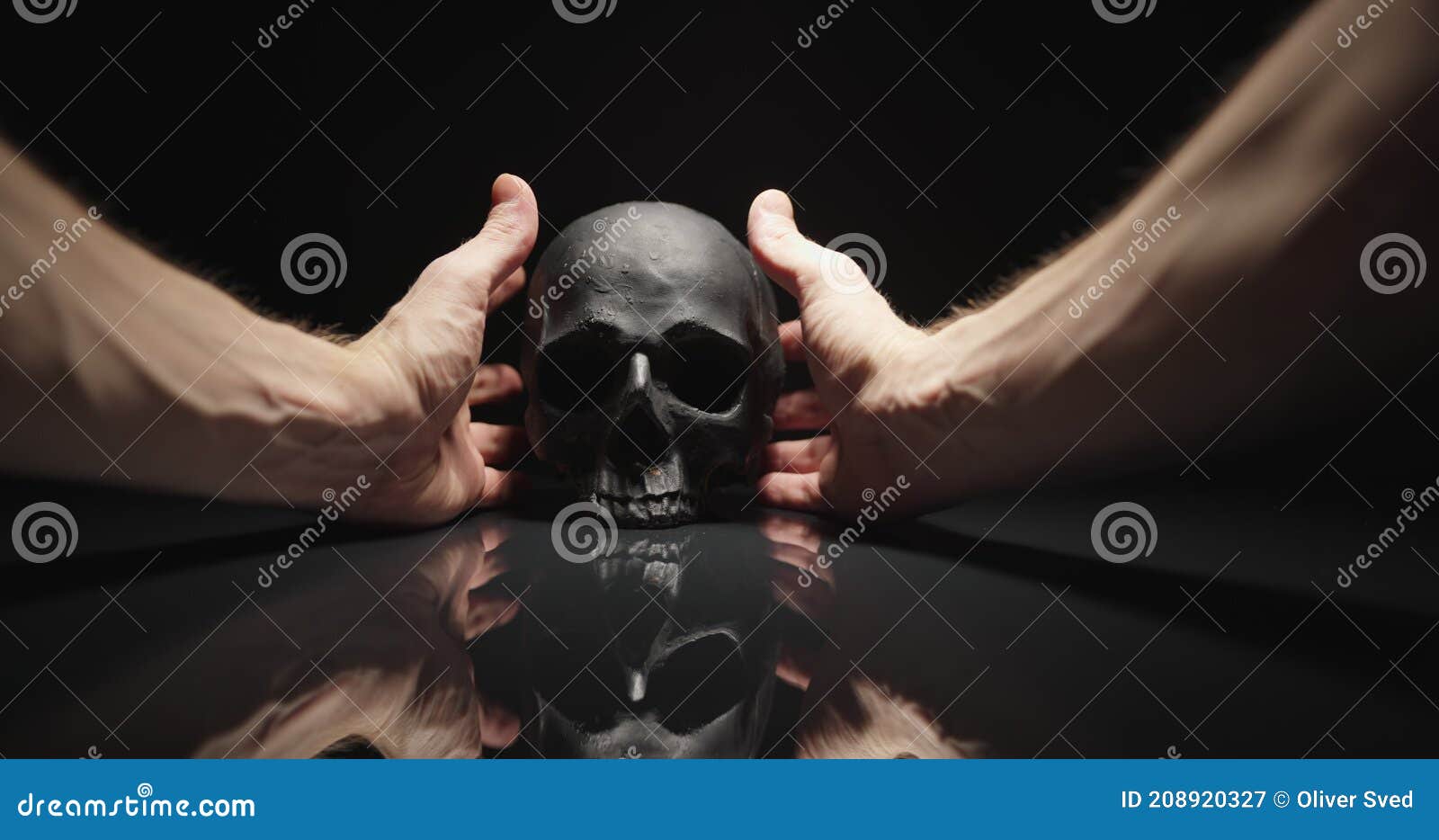 Hands Reaching for Black Skull with Reflection Stock Image - Image of ...