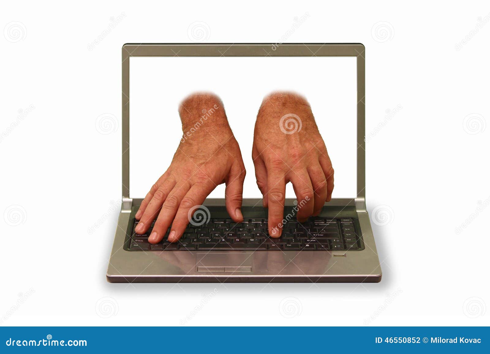 Hands Reaching Out of Laptop Display and Typing Stock Photo - Image of ...