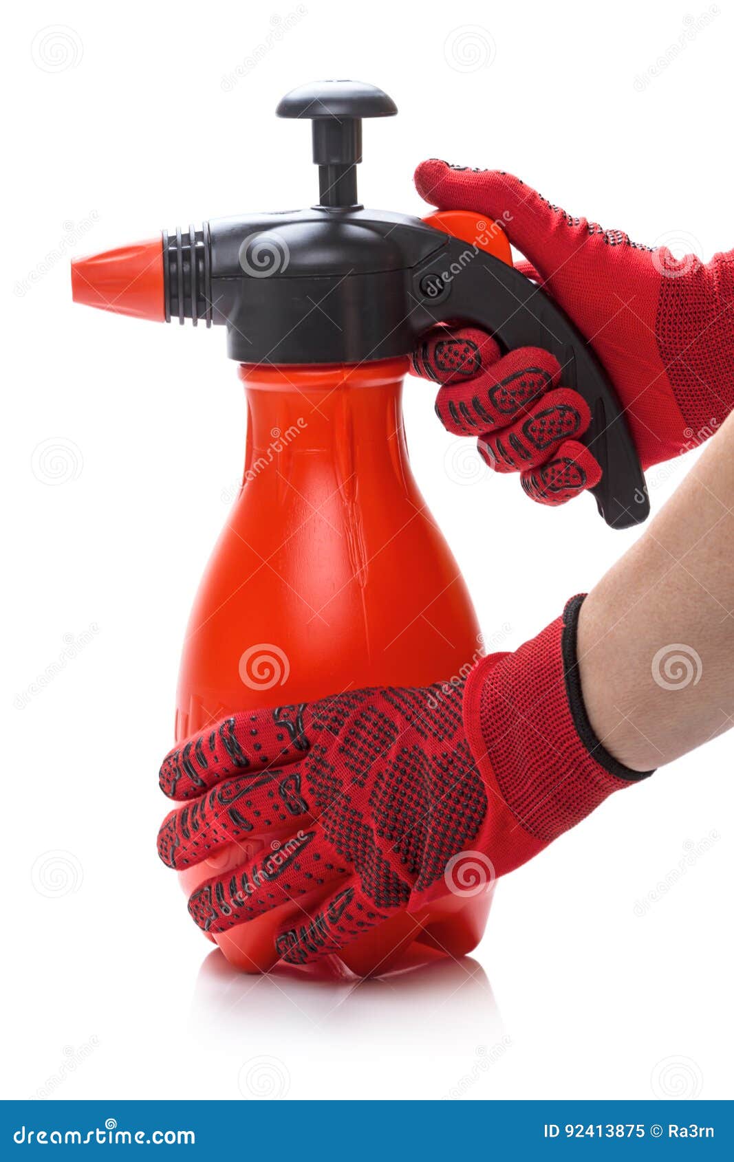 Hands in Red Gloves and a Sprayer Stock Image - Image of flower ...