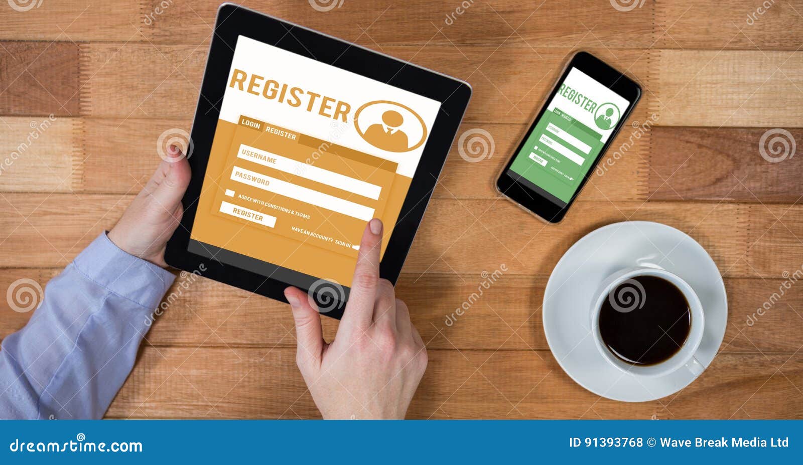 Hands Registering on Site Using Digital Tablet by Smart Phone and ...