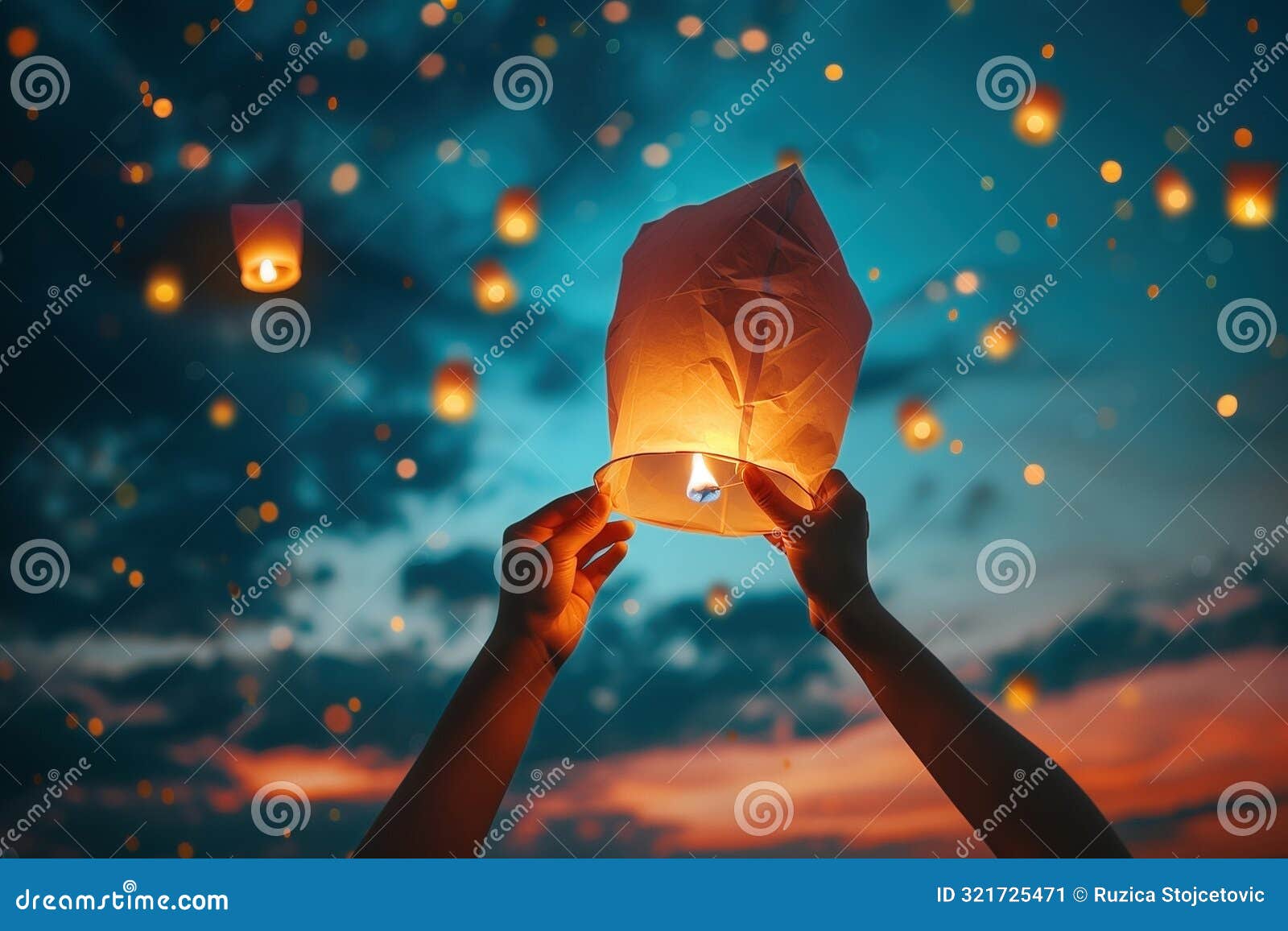 Hands Releasing Hot Air Paper Lantern into Night Sky Ai Photo Stock ...