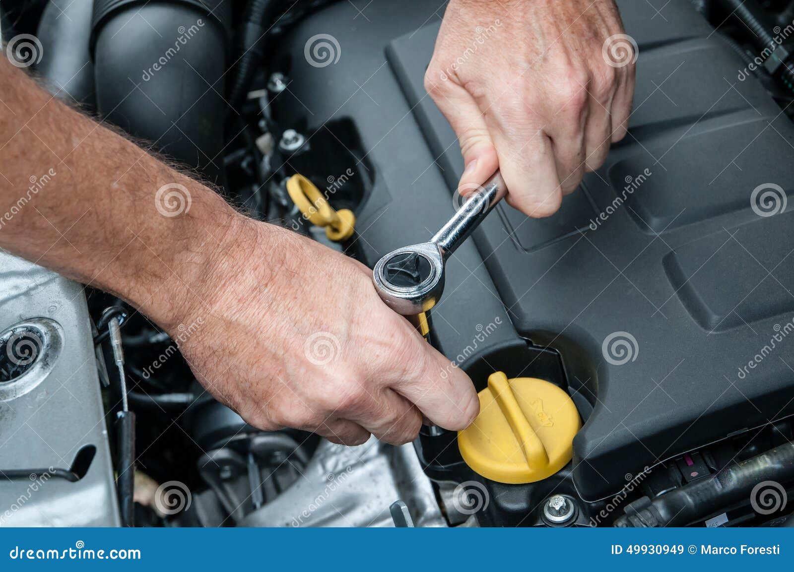 Hands Repairing a Car Engine with a Wrench Stock Image - Image of ...