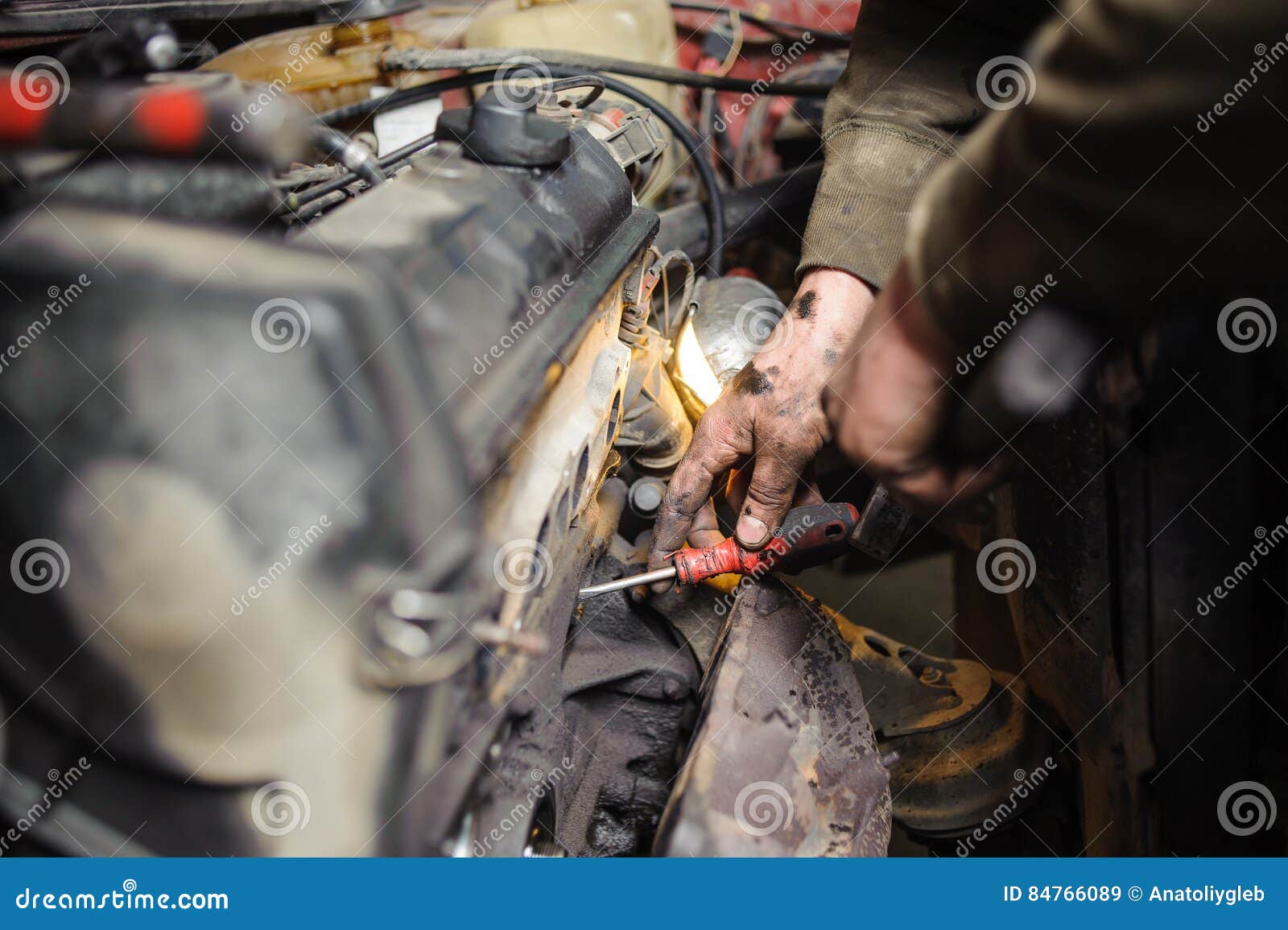 Hands of Repairman Mechanic Working on Engine Using Tool Stock Image ...