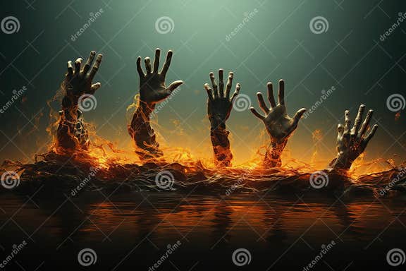 Hands Rise Up from the Water Stock Illustration - Illustration of fire ...
