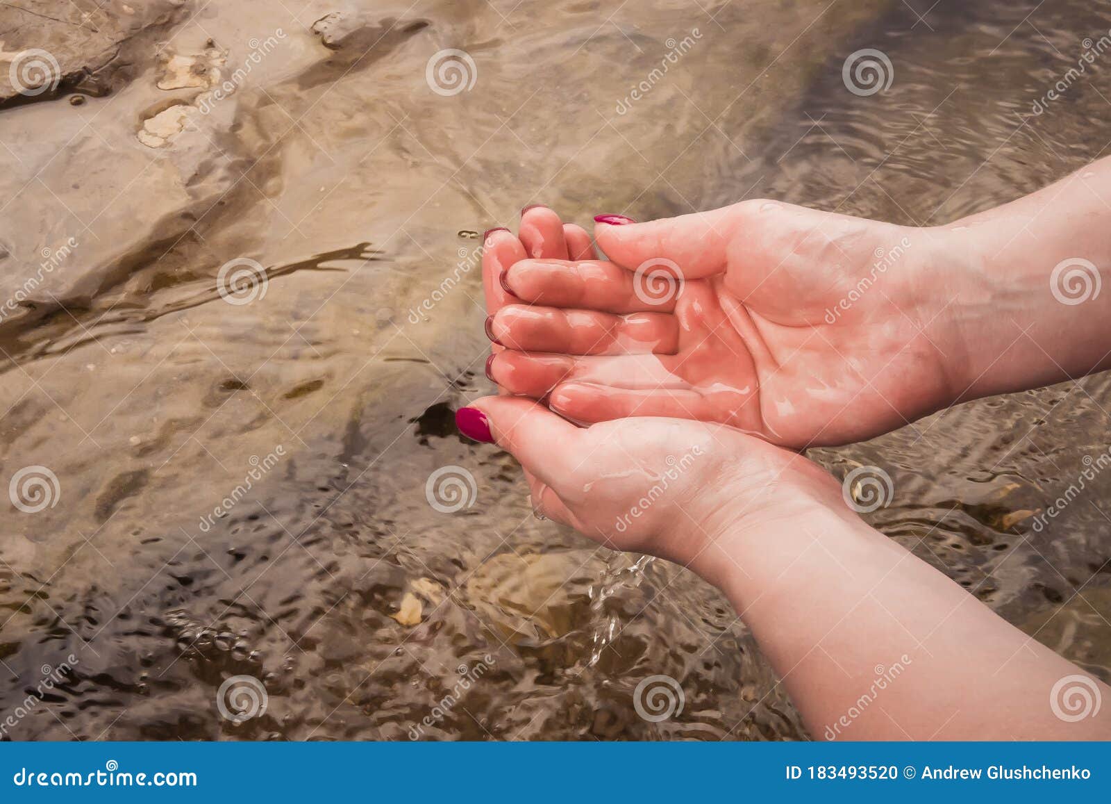 Hands in the River. Hands Gaining Water in a Mountain River Stock Photo ...