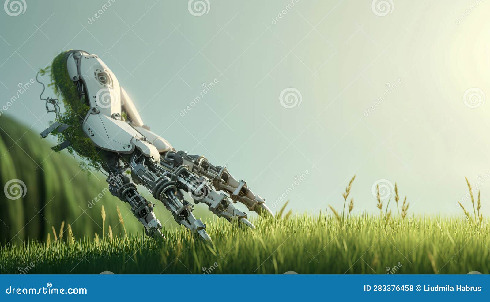 Hands of Robot on Green Grass Background. Future Technology Concept ...