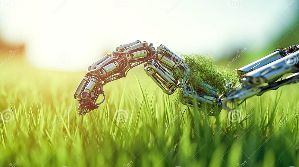 Hands of Robot on Green Grass Background. Future Technology Concept ...