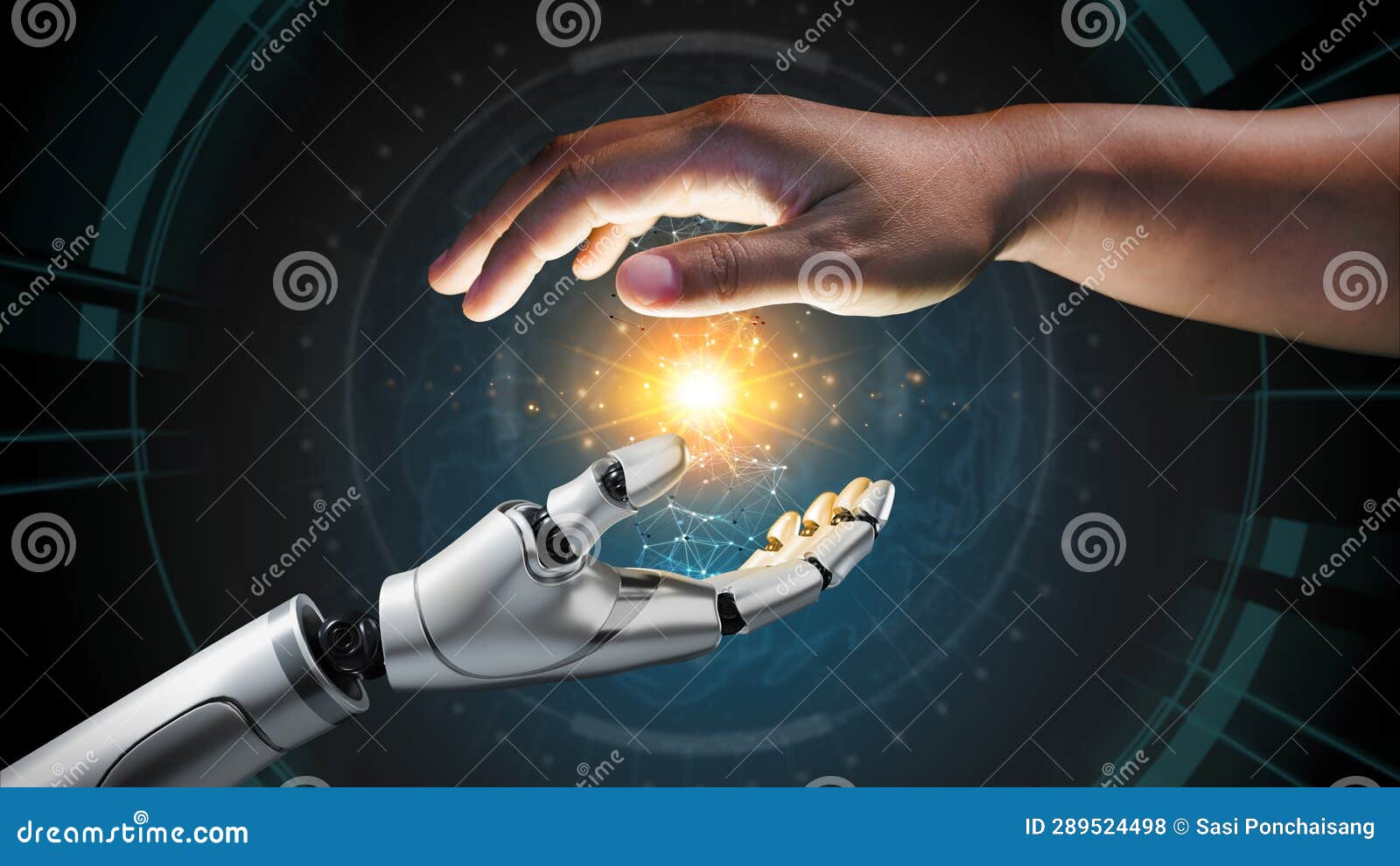 Hands of Robot and Human Holding Big Data of Global Network Connection ...
