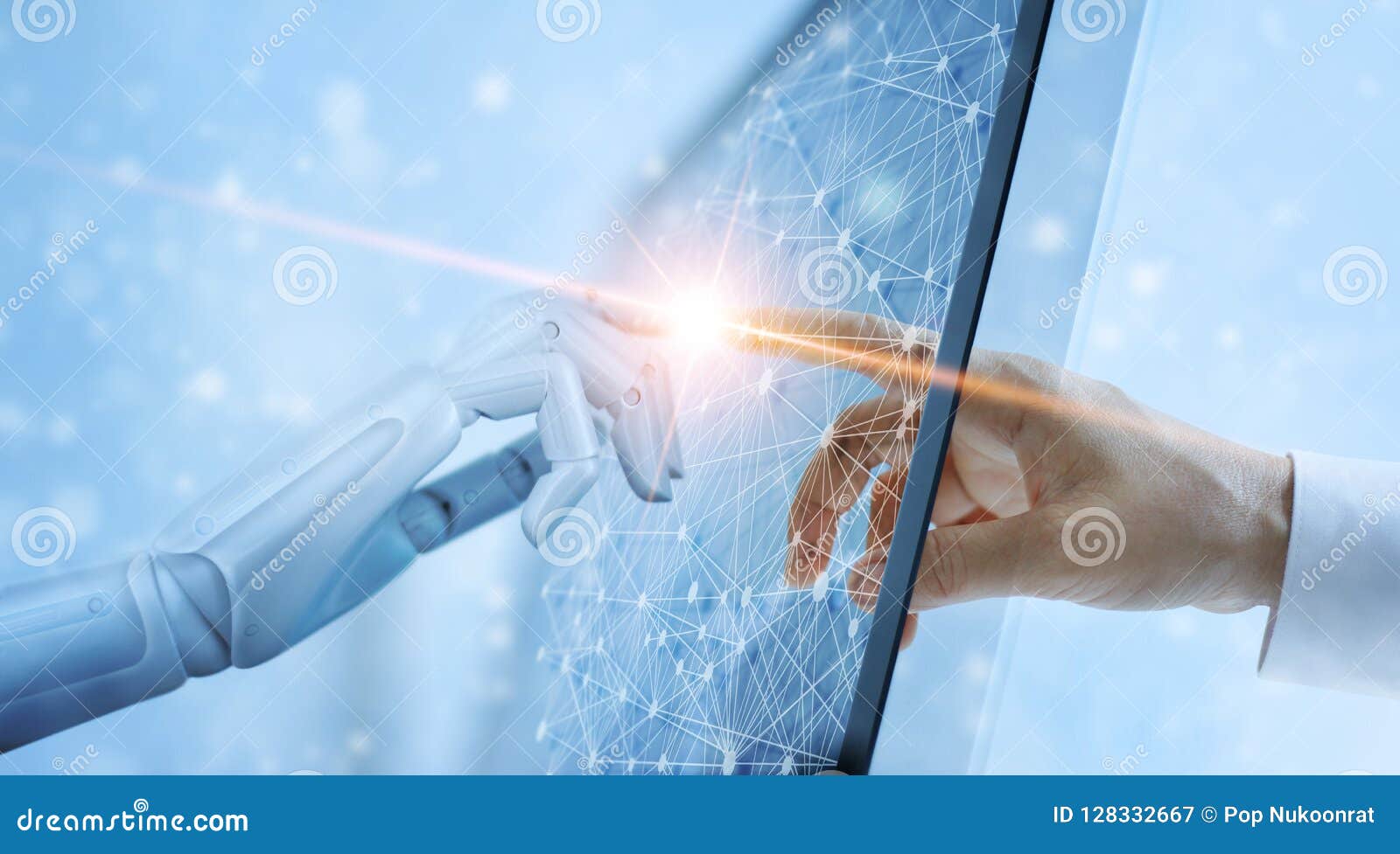 Hand of Robot and Human Touching on Global Virtual Network Stock Image ...