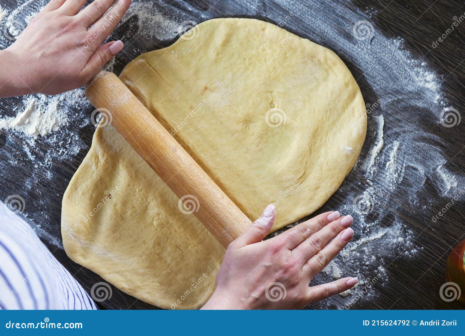 Hands, Rolling-pin and Dough for Bread, Pasta or Pizza on Wooden Table ...
