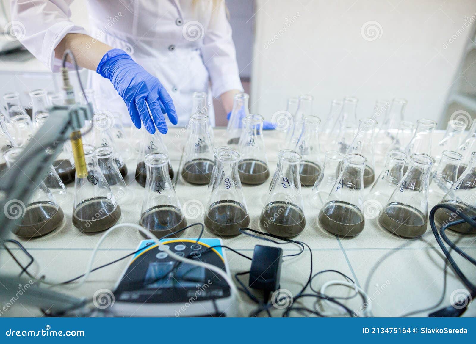 Hands of the Scientist in Laboratory Shake a Glass Flasks with ...