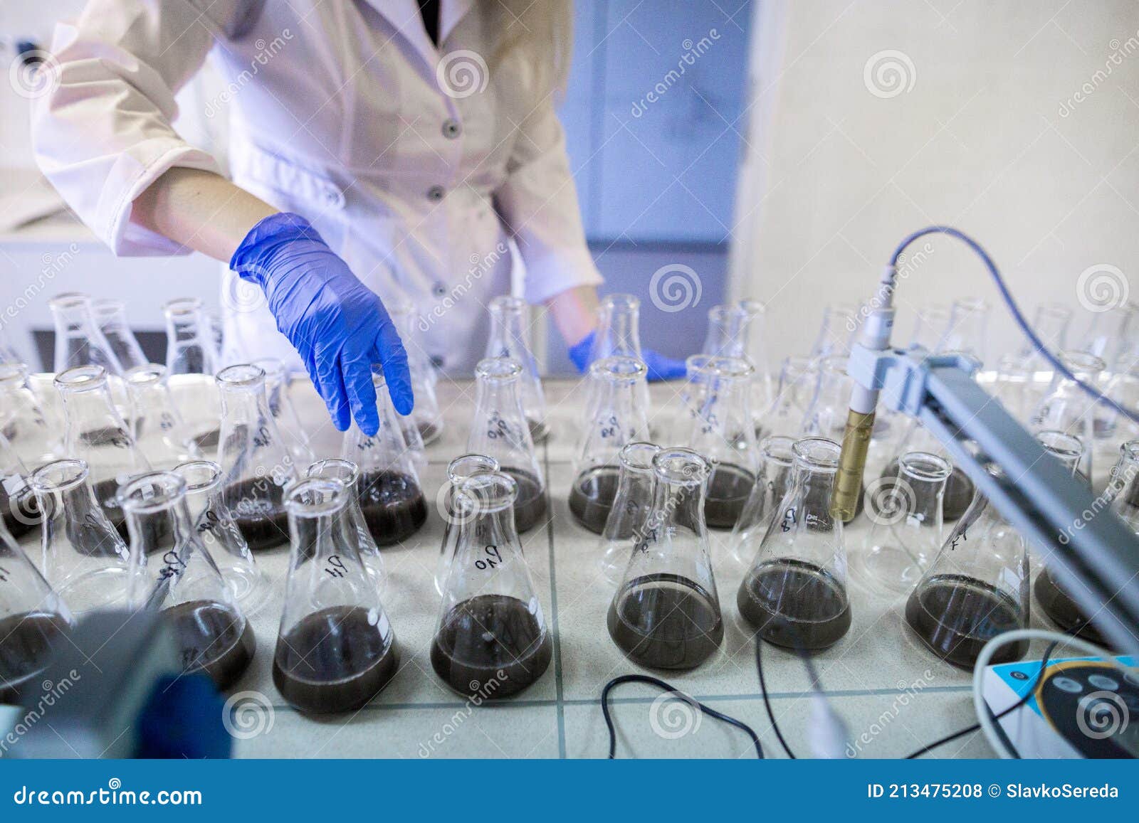 Hands Of The Scientist In Laboratory Shake A Glass Flasks With ...