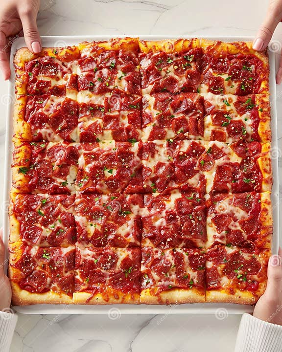 Hands Selecting Roman Style Pizza Slices from a Small Rectangular Pie ...