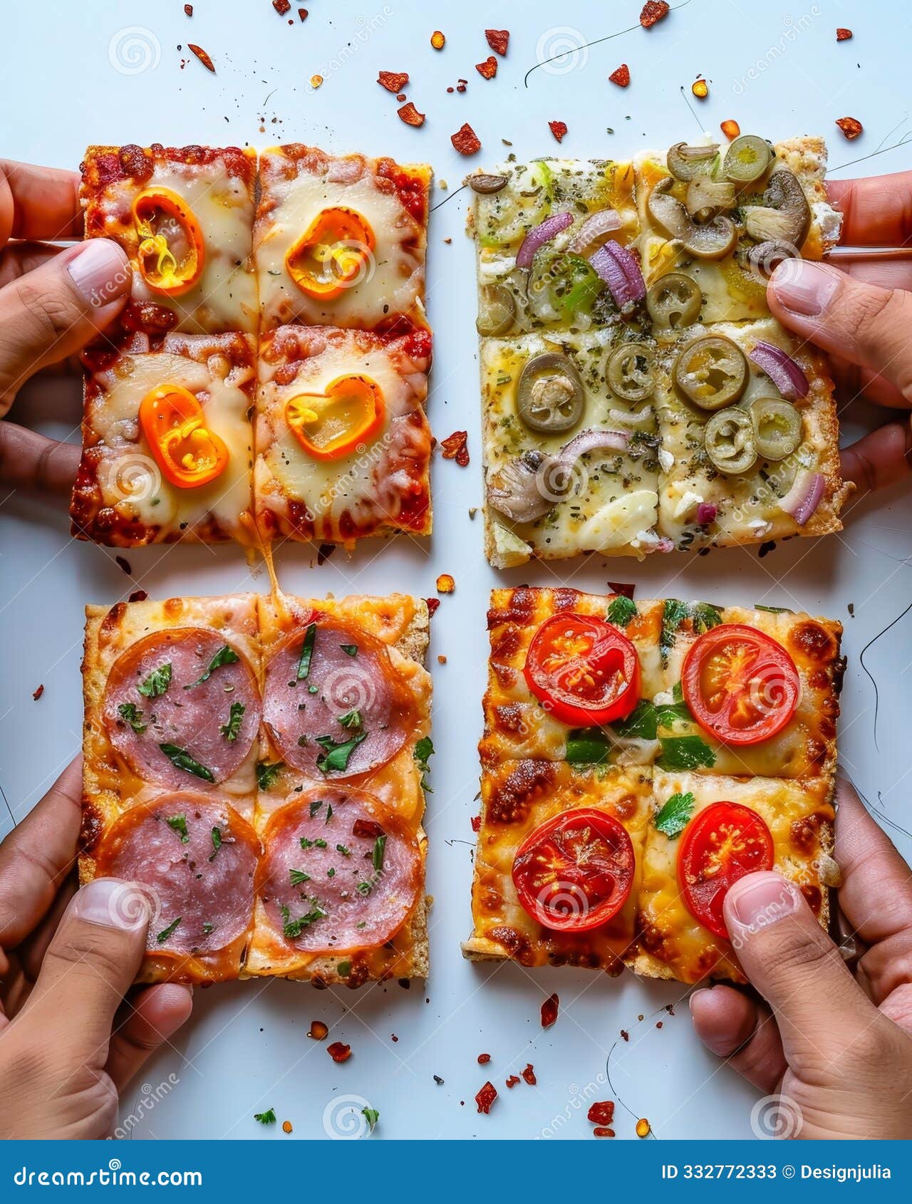 Hands Selecting Roman Style Pizza Slices from a Small Rectangular Pie ...