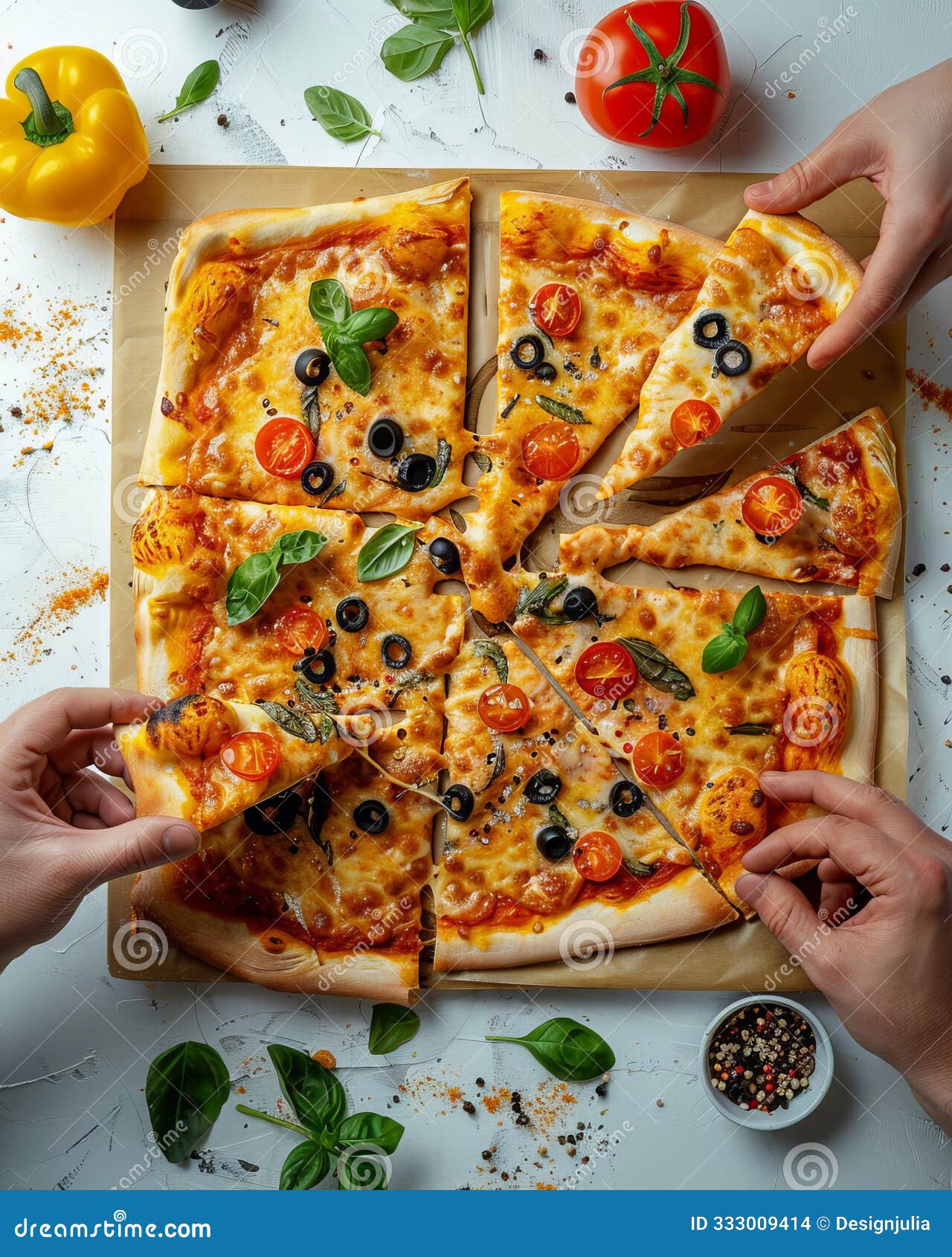 Hands Selecting Roman Style Pizza Slices from a Small Rectangular Pie ...