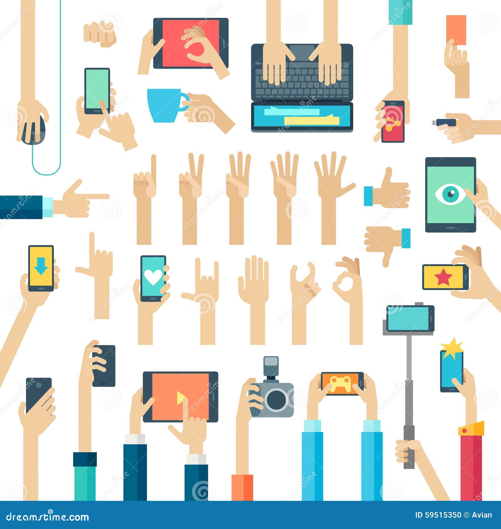 Hands set with gadgets. stock vector. Illustration of online - 59515350