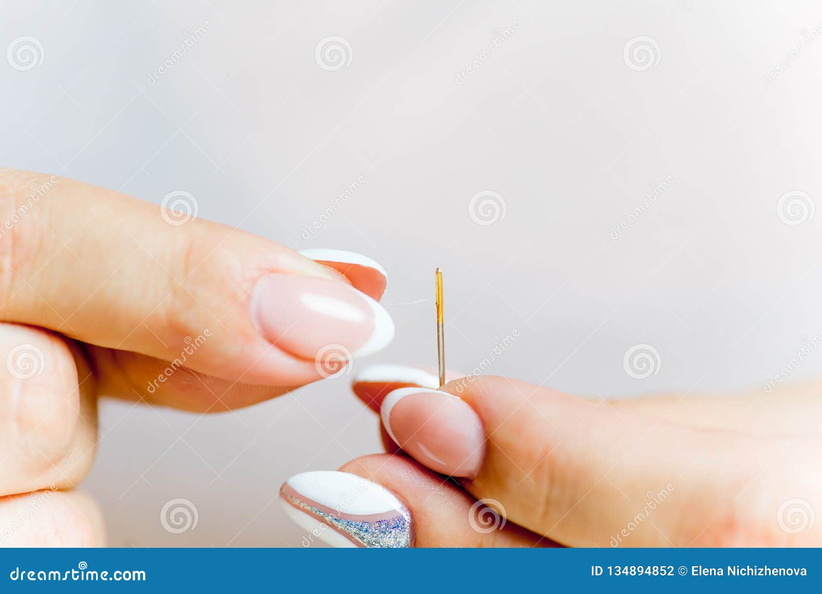 Hands are Sewing with Thread and Needle Stock Photo - Image of slim ...