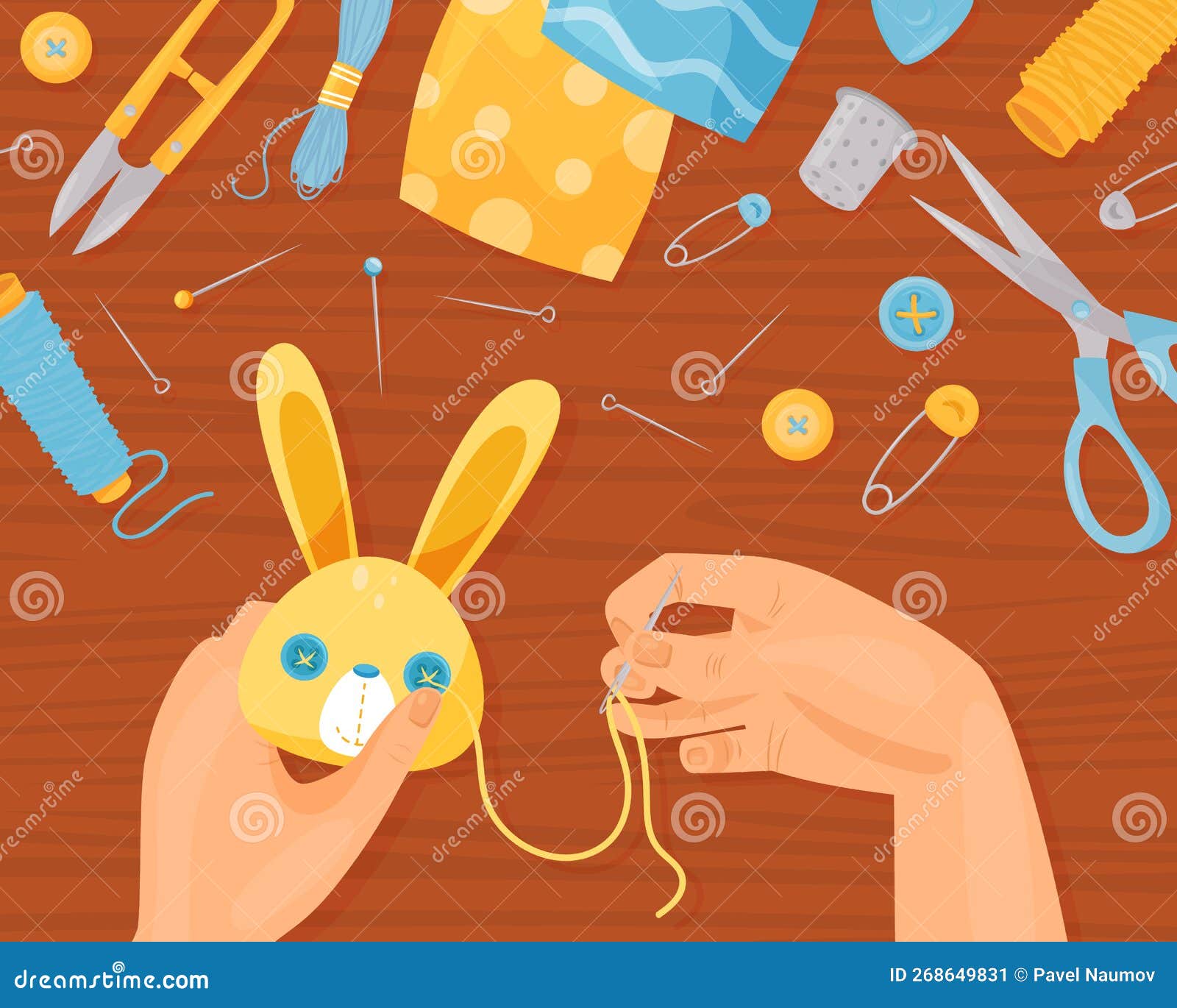 Hands Sewing with Tools for Handmade Craft Above View Vector ...