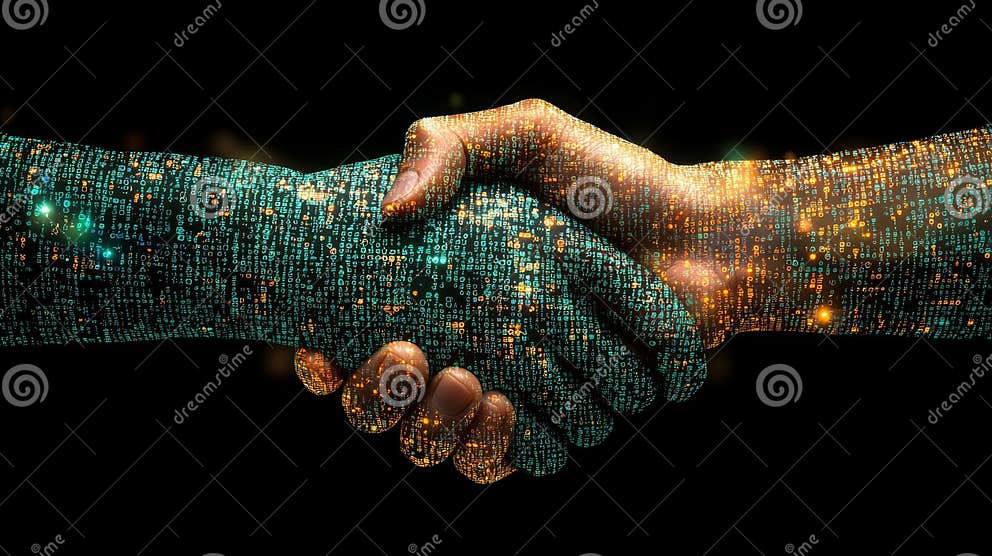 Hands Shaking with Digital Data and Lights, Symbolizing Partnership and ...