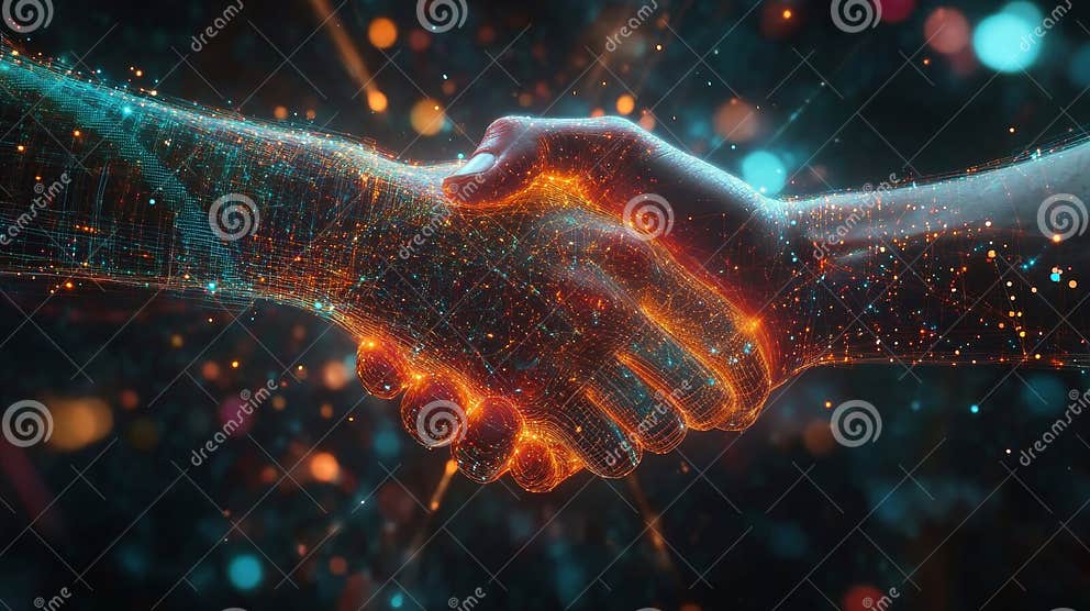 Hands Shaking in a Digital Environment Symbolizing Partnership and ...