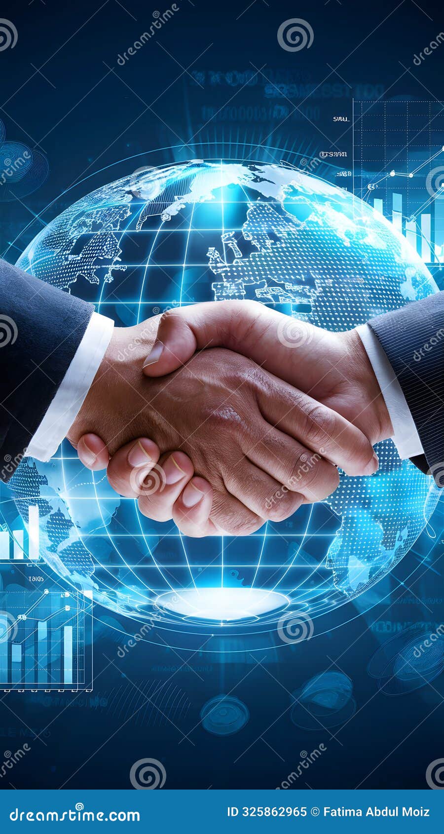 Hands Shaking with Globe and Graphs, Global Business Interactions Stock ...