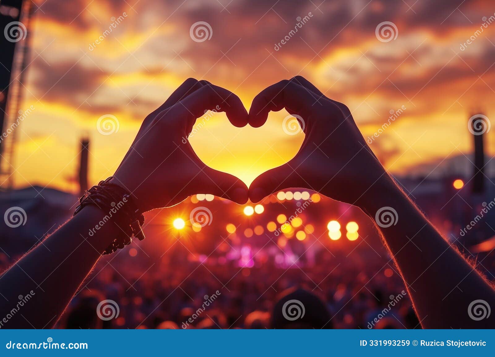 Hands Shaped Heart Sign at Concert on a Beautiful Sunset Ai Photo Stock ...