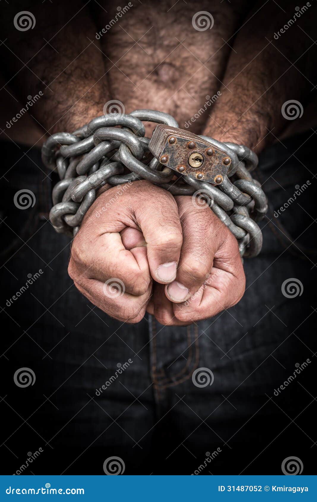 Hands of a Shirtless Man Chained with a Chain and a Padlock Stock Photo ...
