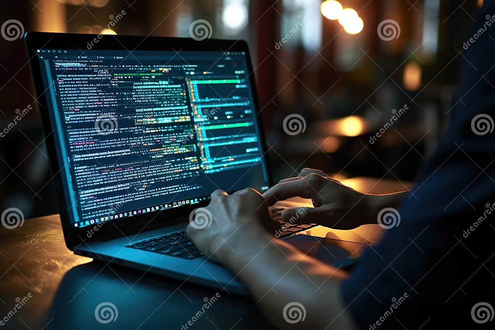 Hands Showing Coding Programmer A Software Engineer Working On A Laptop With Javascript Stock