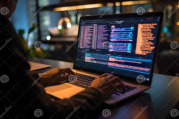 Hands Showing Coding Programmer A Software Engineer Working On A Laptop With Javascript Stock