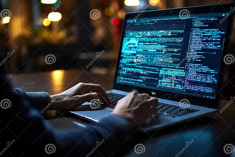 Hands Showing Coding Programmer A Software Engineer Working On A Laptop With Javascript Stock