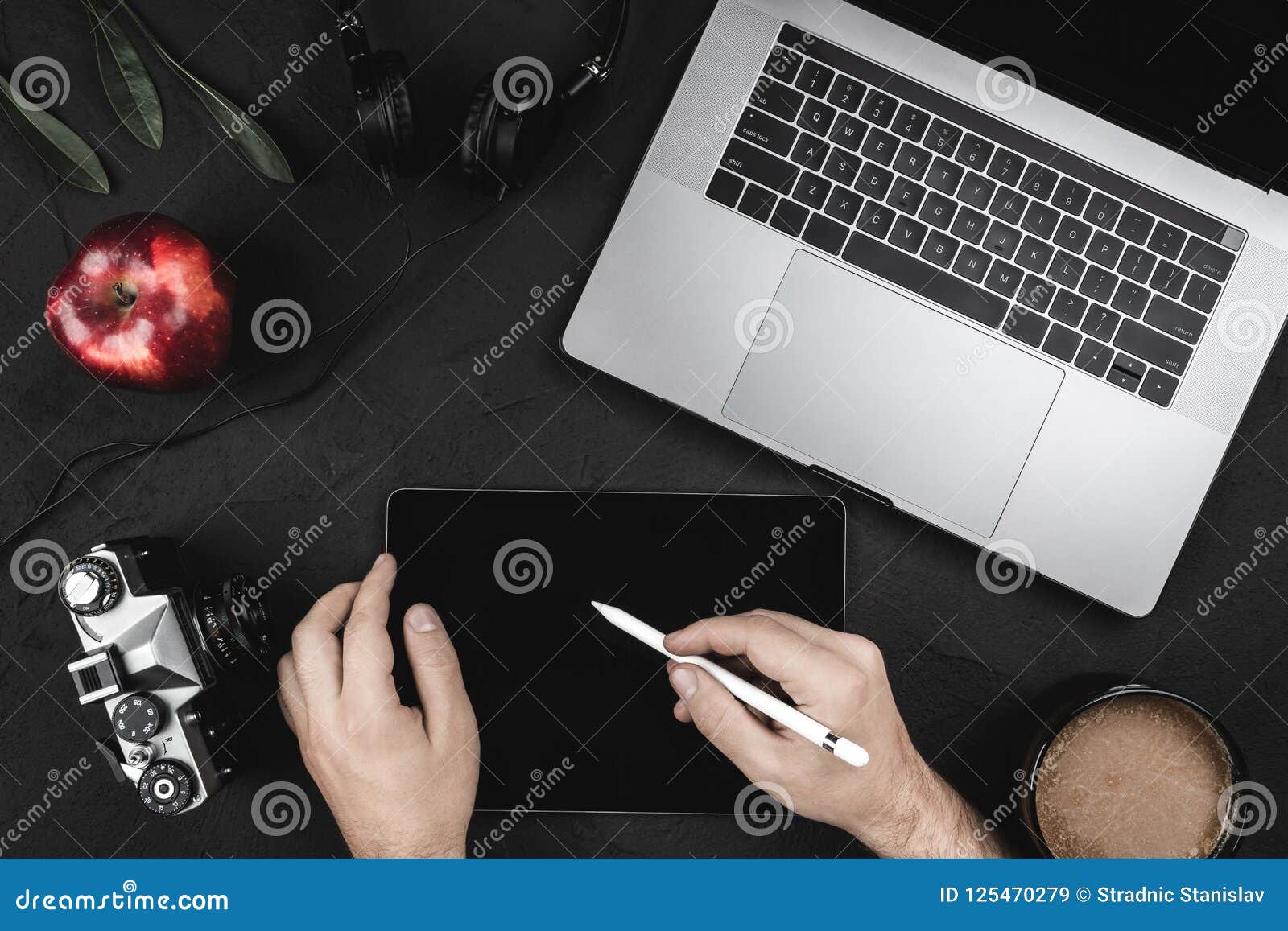 Hands Showing Digital Tablet Blank Screen On Work Desk Modern
