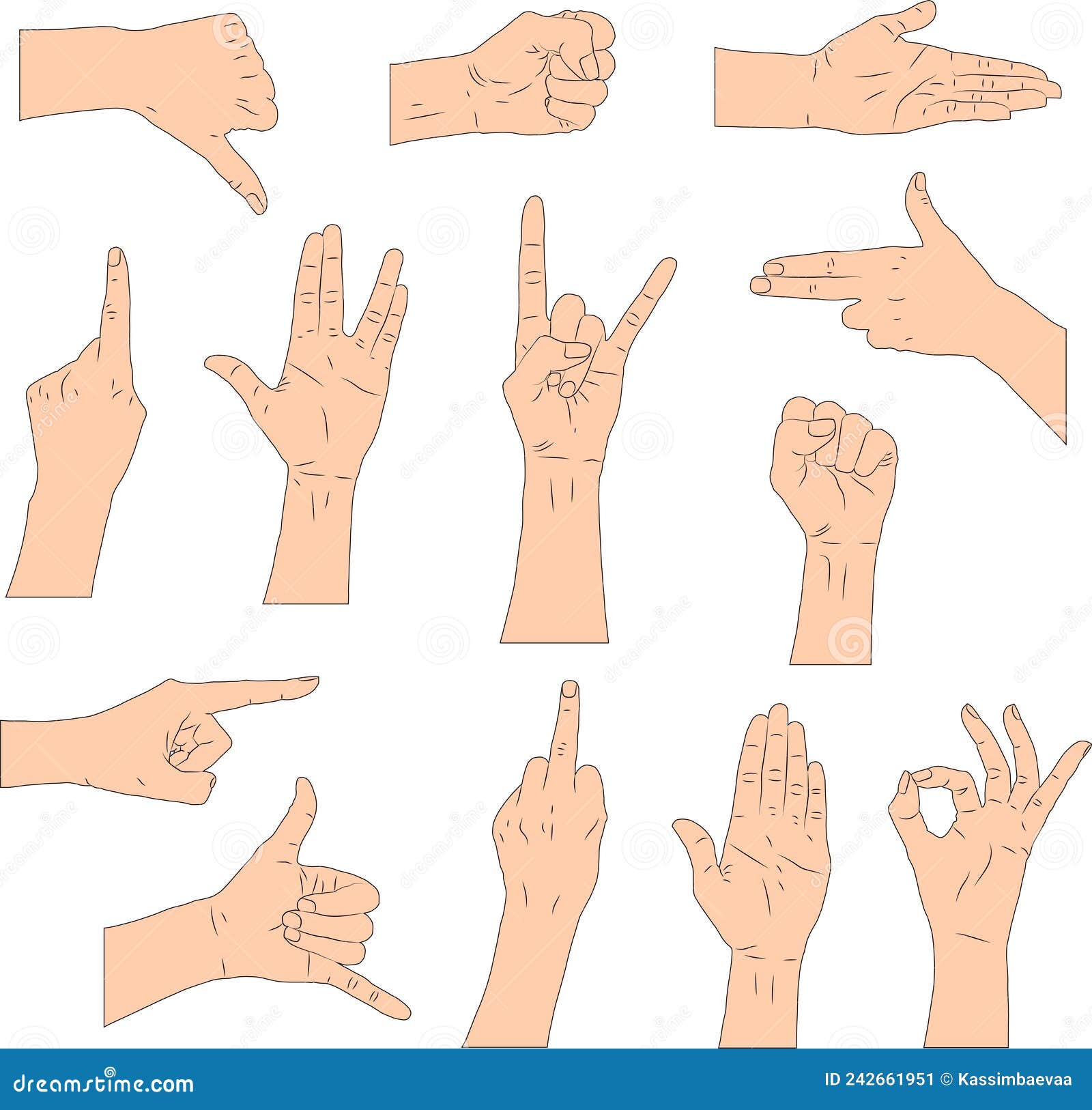 Vector Illustration of of Hands Showing Various Gestures and Symbols ...