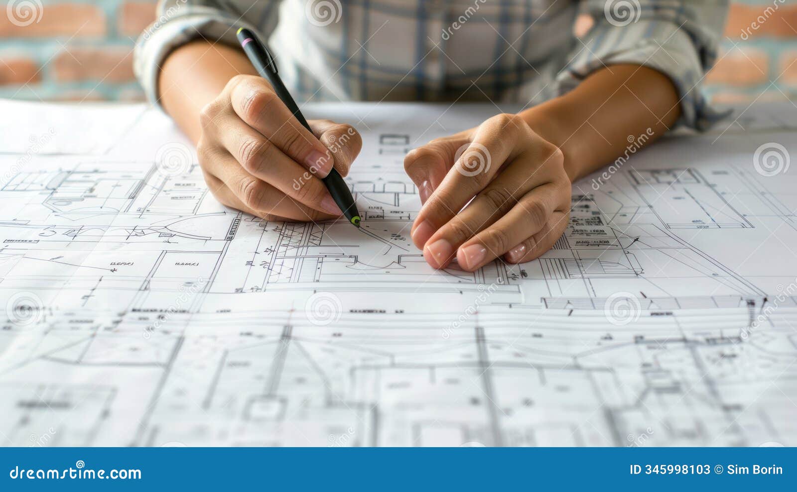 Hands Sketching Architectural Plans on a Large Stock Illustration ...