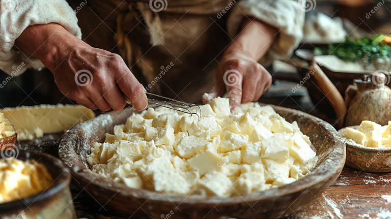 Hands Skillfully Cutting Fresh Cheese Curds in a Rustic Kitchen Setting ...