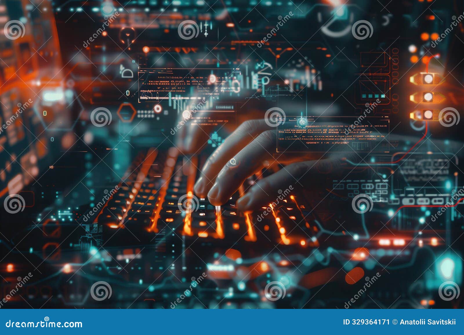 Hands Skillfully Type on a Keyboard, Surrounded by an Array of Dynamic Digital Symbols and Code ...