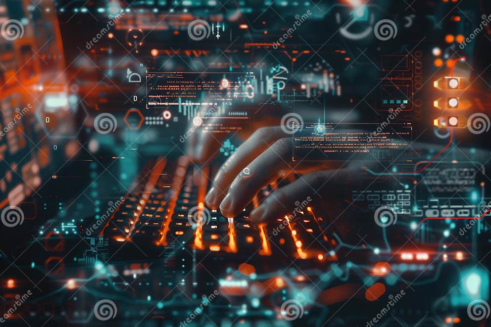 Hands Skillfully Type on a Keyboard, Surrounded by an Array of Dynamic Digital Symbols and Code ...
