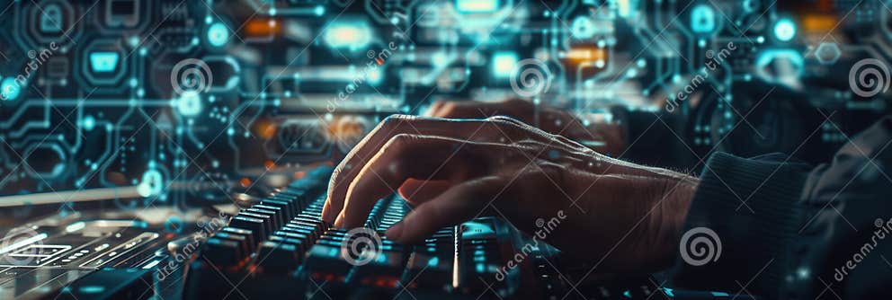 Hands Skillfully Typing Codes On A Keyboard Surrounded By An Array Of