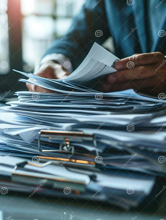 Hands Sorting through a Large Stack of Paperwork on a Desk, with a ...