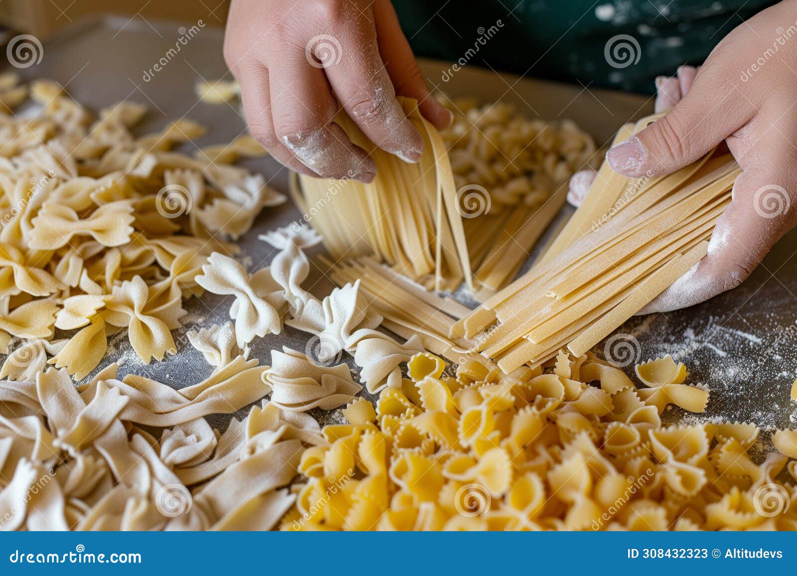 Hands Sorting a Variety of Raw Pasta Shapes on a Table Stock Image ...