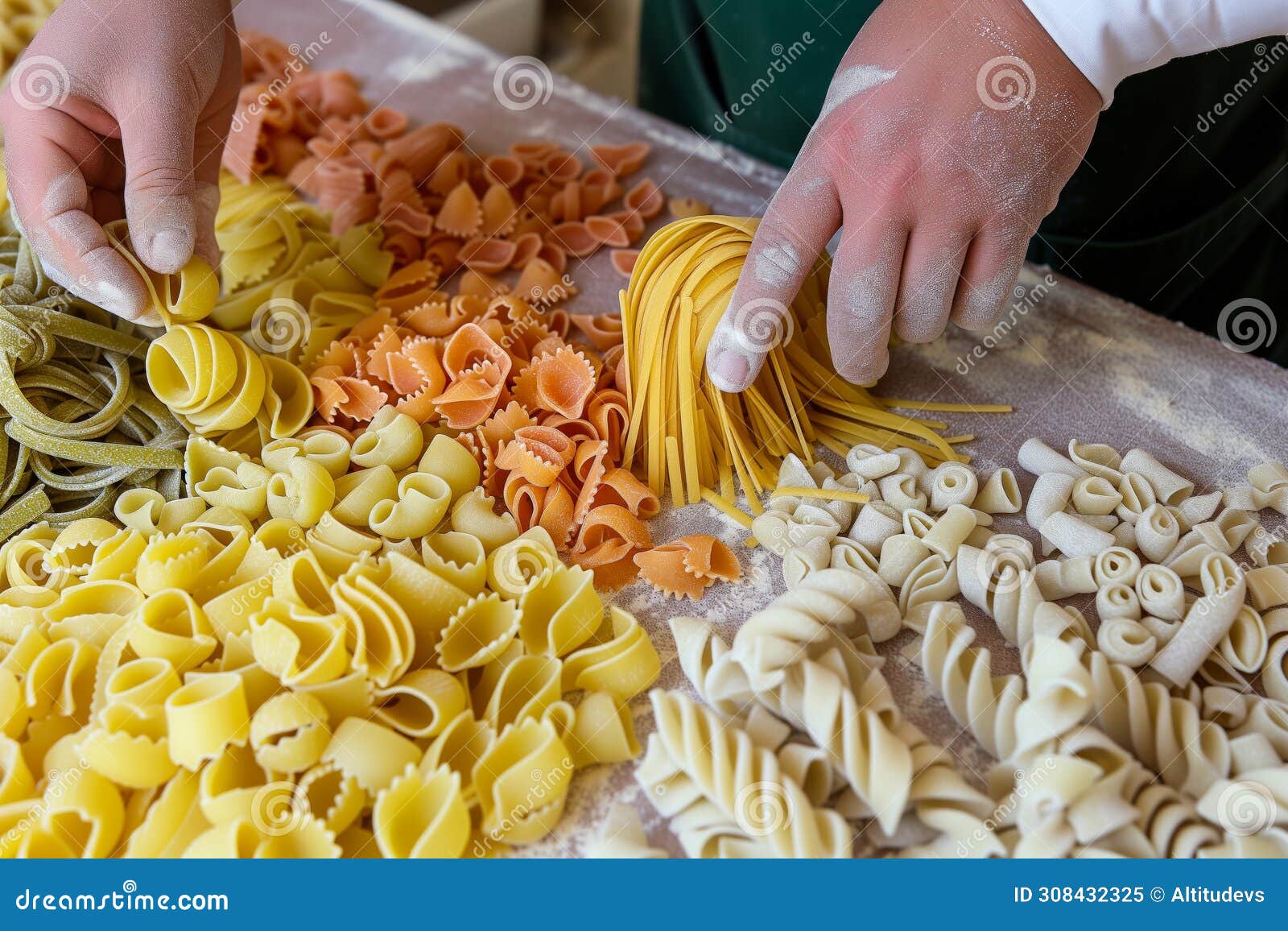 Hands Sorting a Variety of Raw Pasta Shapes on a Table Stock Image ...
